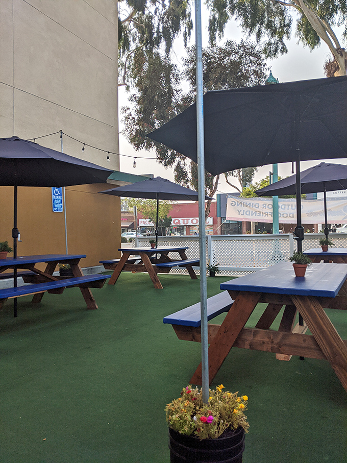 The outdoor seating area—where San Diego's perfect weather meets Rudford's perfect comfort food. Al fresco diner dreams.