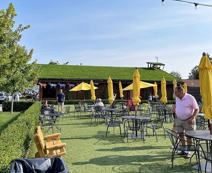 Yellow umbrellas dot the outdoor seating area like Swedish sunshine, offering al fresco dining with a chance to spot the famous rooftop residents.