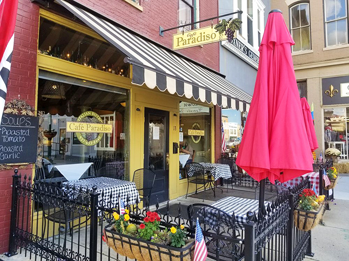 The outdoor patio, with its cheerful flowers and black-and-white checkered tablecloths, turns sidewalk dining into a European holiday without the jet lag.