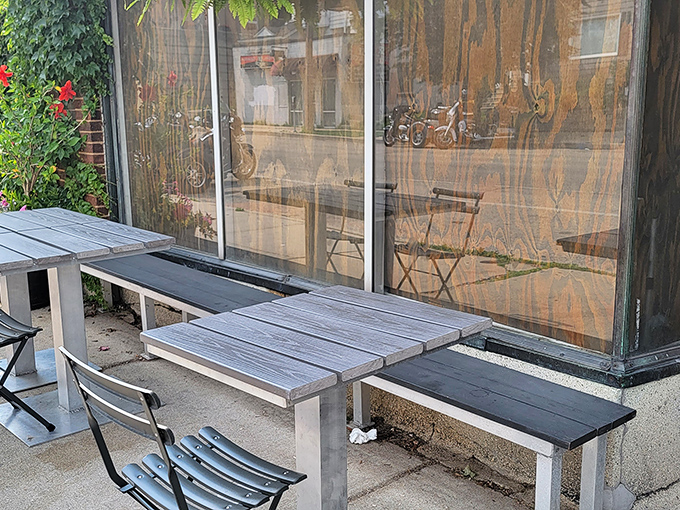 Outdoor seating for those perfect Milwaukee summer days when eating inside feels criminal. Simple wooden benches invite lingering conversations over coffee.
