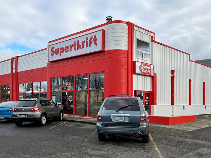 From the parking lot, SuperThrift's distinctive architecture promises adventure within its red and white walls.