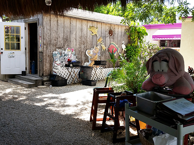The outdoor area feels like dining in someone's eclectic backyard &ndash; complete with pig statues that seem to be enjoying their ironic placement at a pork-centric restaurant.