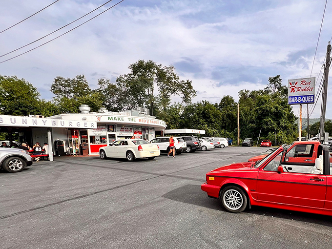 From this angle, the Red Rabbit isn't just a restaurant&mdash;it's a landmark. Cars in the lot represent pilgrims who've come to worship at the altar of comfort food.