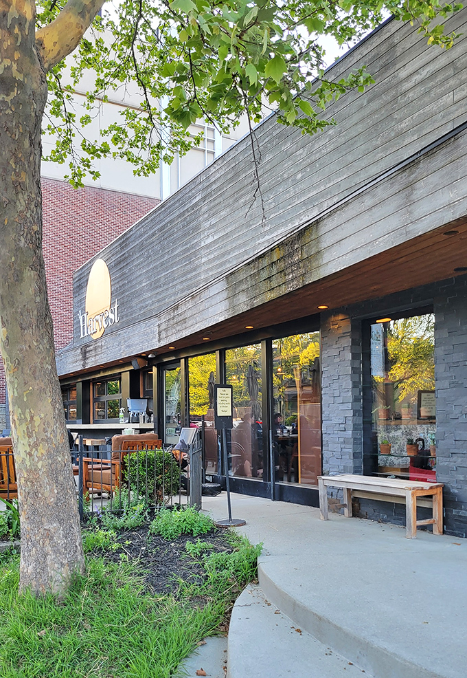 Daytime reveals Harvest's charming exterior, where weathered wood and brick create a fa&ccedil;ade as inviting as the food waiting inside.