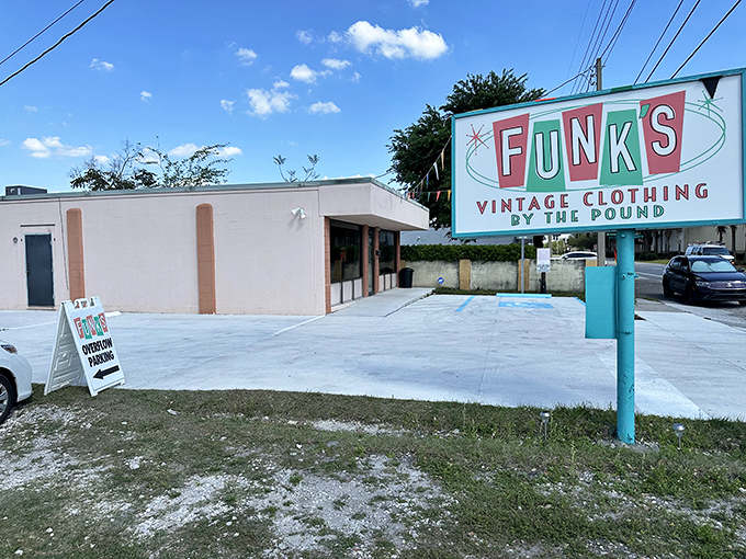 That retro sign out front promises clothing "by the pound" &ndash; the only weight gain that's actually exciting.