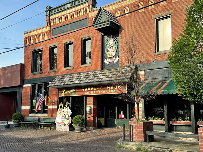 The exterior view that's launched a thousand road trips. Like a beacon of bratwurst, Schmidt's stands ready to welcome hungry travelers to Columbus' German Village.