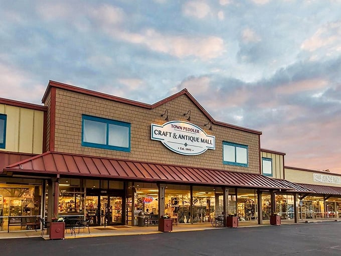 Sunset casts a golden glow on Michigan's temple of treasures. The parking lot empties, but tomorrow brings new hunters and new finds.