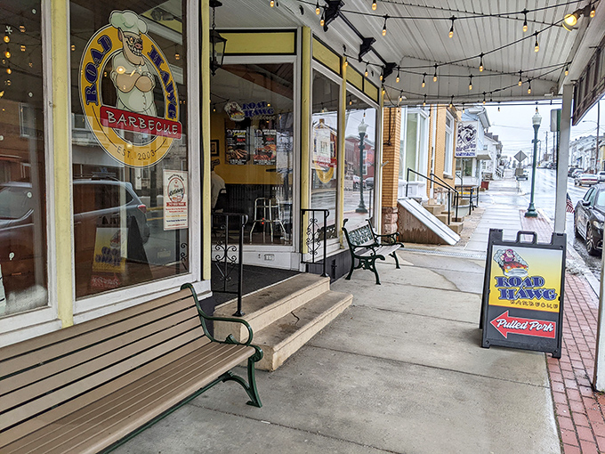 The welcoming entrance with its bench invites you to sit a spell&mdash;either in anticipation of what's to come or to recover from the food coma that follows.