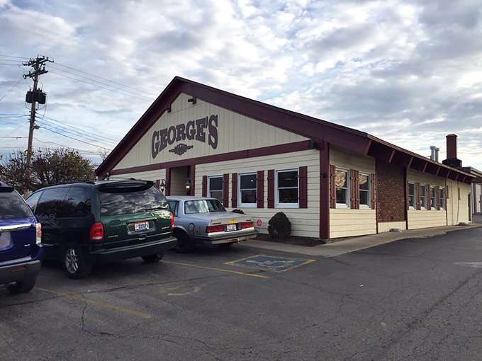 Even on cloudy days, George's stands out in the landscape, a cream and burgundy promise of comfort food that never disappoints.