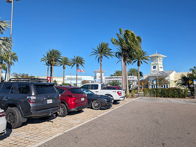 Ample parking surrounded by palm trees&mdash;the first hint that this isn't your average, utilitarian outlet shopping experience.