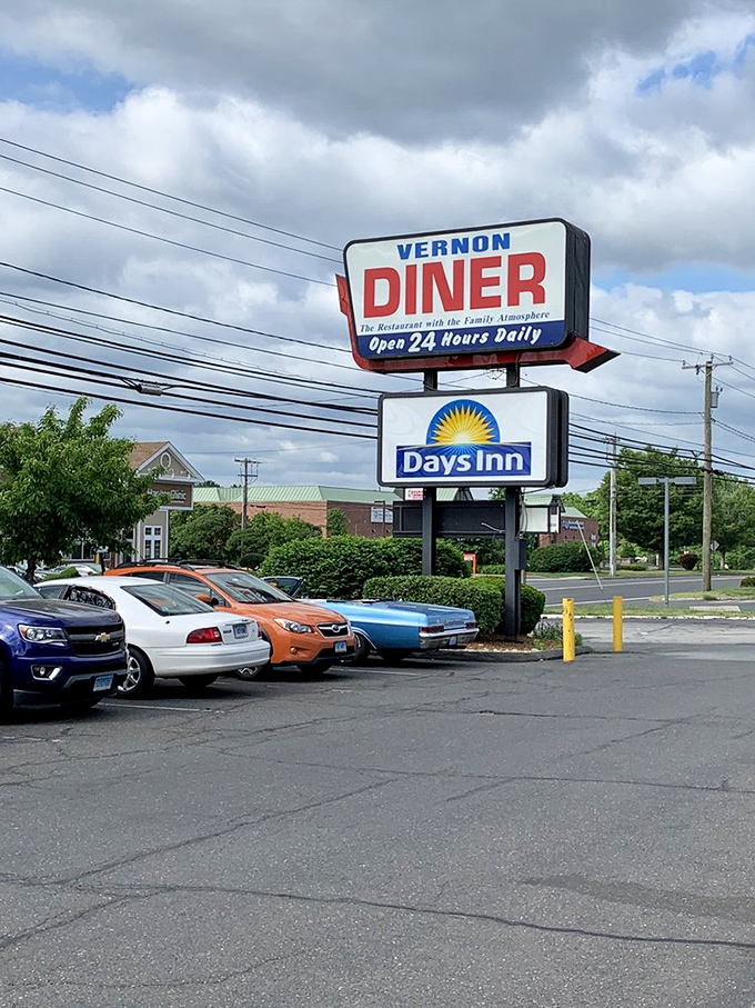 The roadside sign proudly announces "Open 24 Hours Daily"&mdash;because breakfast cravings don't follow conventional schedules, and neither should diners.