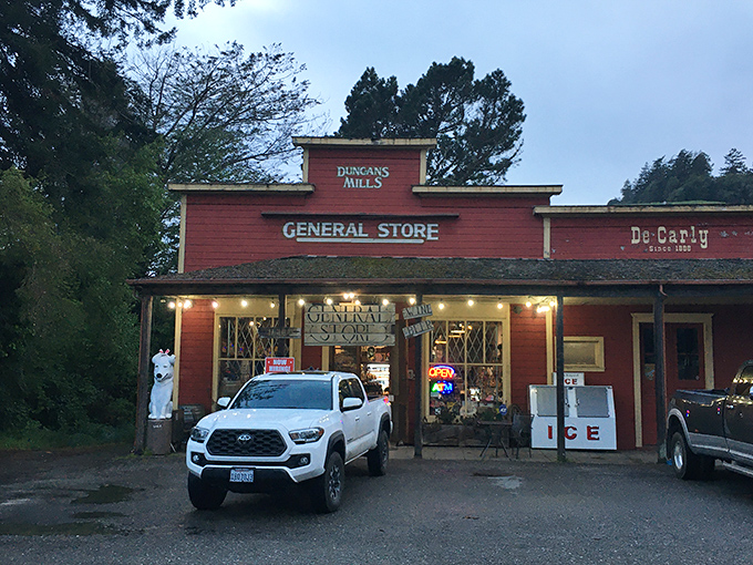As dusk settles, the glowing windows of Duncans Mills General Store beckon like a lighthouse for the sandwich-starved traveler. Salvation awaits inside.