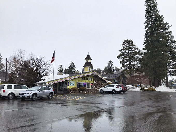 Even in snow and rain, breakfast seekers find their way. Heidi's yellow glow is Tahoe's most delicious lighthouse.