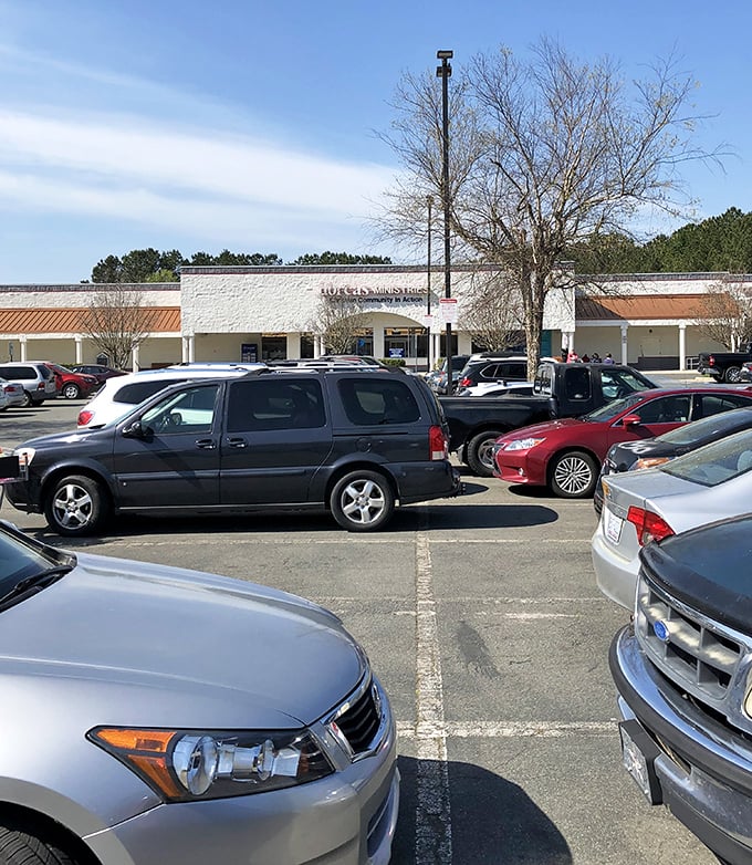 A packed parking lot&mdash;the universal sign of "you've found the good place." Thrift shoppers know: if it's busy, it's worth the visit.