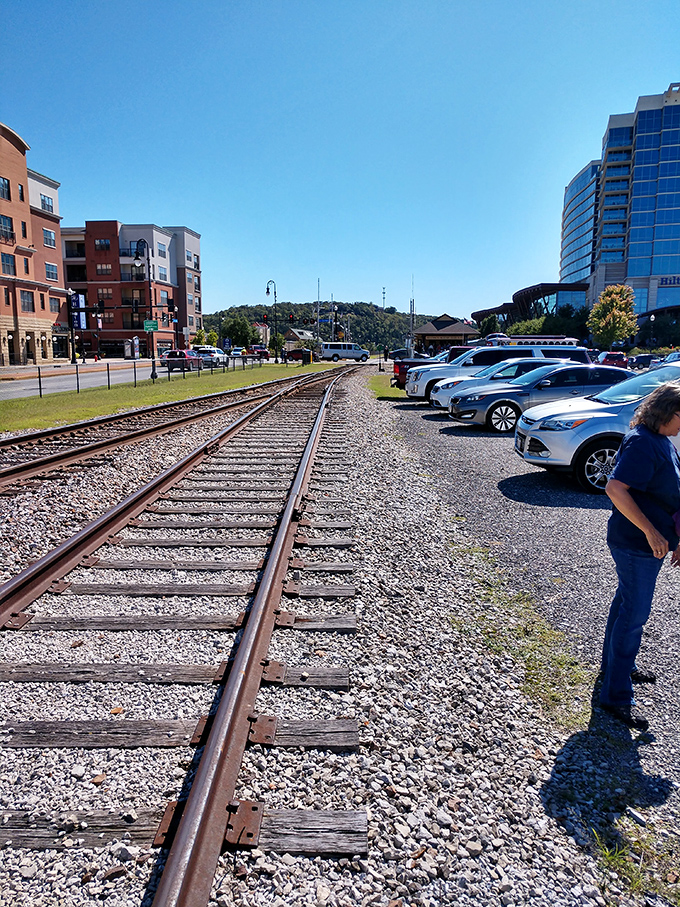 Where adventure begins: the tracks stretch toward downtown Branson, promising to carry you away from parking lots and into panoramic possibility.