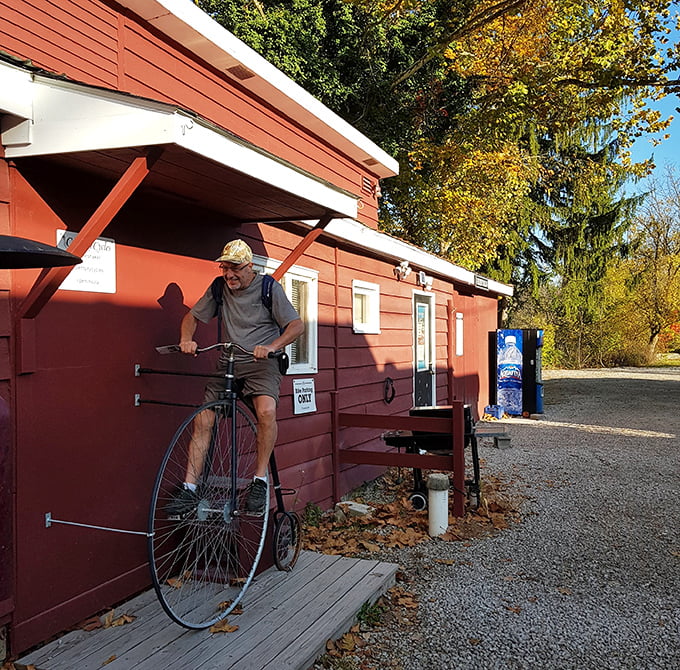 History meets whimsy outside this depot where a gentleman demonstrates a penny-farthing bicycle&mdash;transportation's evolutionary branch that thankfully didn't stick around.