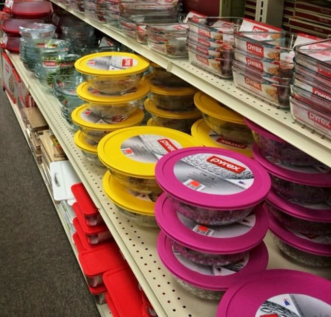 Pyrex storage containers in cheerful colors, proving food storage doesn't have to be boring or beige anymore.