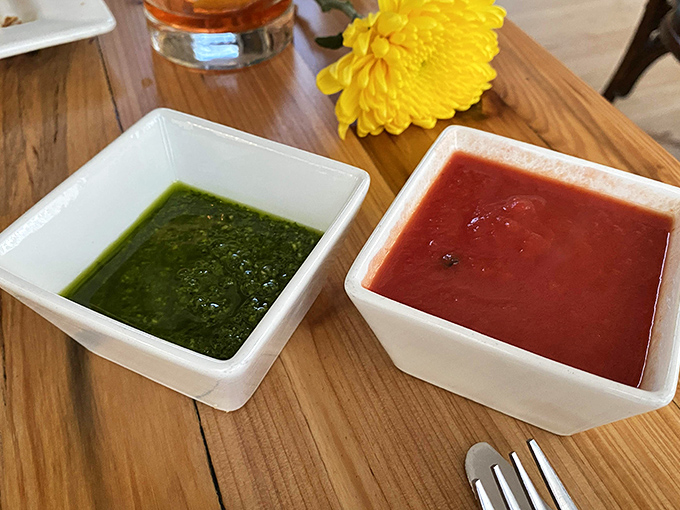 The condiment conundrum &ndash; bright basil pesto or classic red sauce? At Il Rione, there are no wrong answers, only delicious decisions.