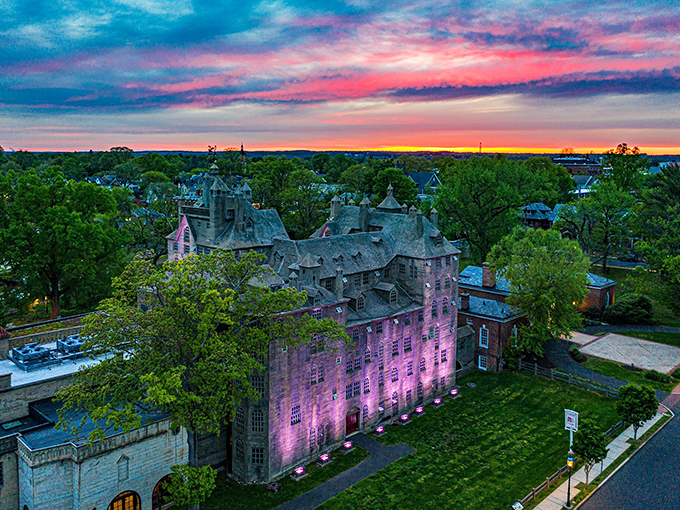 As the sun sets, the Mercer glows pink&mdash;proving that even the most serious museum of American tools knows how to dress up for a night on the town. 