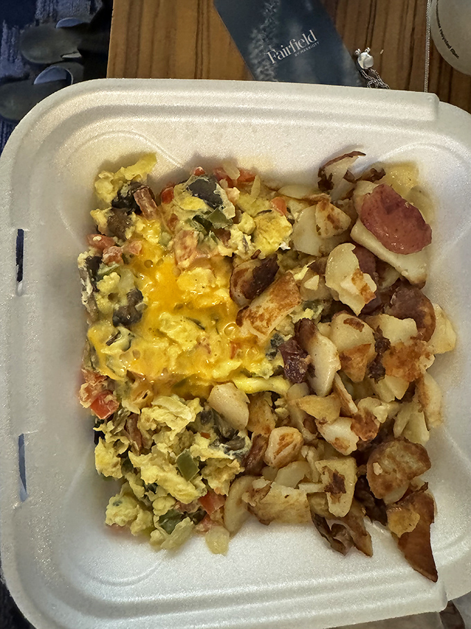 Even in a to-go container, Green Owl's scramble refuses to compromise. This is breakfast that demands respect, regardless of its vessel.