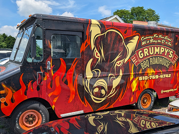 The Grumpy's food truck brings their legendary barbecue to events across Pennsylvania. That fierce pig logo isn't just mascot&mdash;it's a warning that ordinary food lies elsewhere.