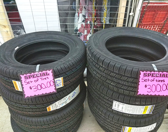 Even practical purchases become adventures at the flea market. These tire stacks remind us that sometimes the best deals are the ones that keep us rolling.
