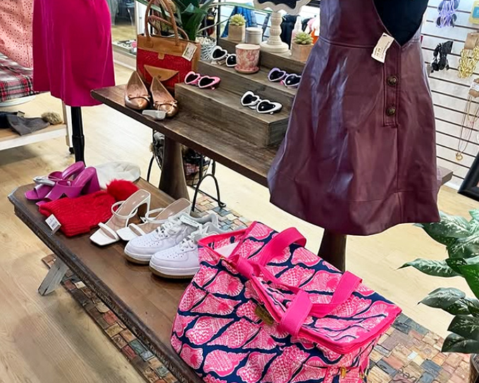 A color story told in accessories. These vibrant pink shoes and patterned bag are waiting to transform someone's neutral wardrobe.
