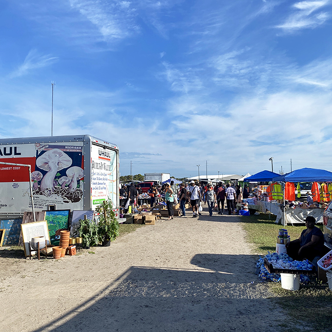 The weekend pilgrimage in full swing, where Floridians of all stripes gather under brilliant blue skies to hunt, haggle, and socialize.