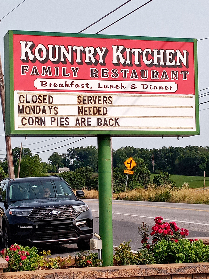 The roadside sign announces what matters: "Corn pies are back!" In Pennsylvania, that's breaking news worth pulling over for.