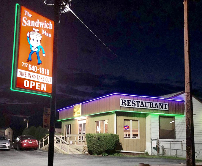 After dark, The Sandwich Man glows like a beacon for anyone seeking late-night sandwich salvation in Harrisburg.