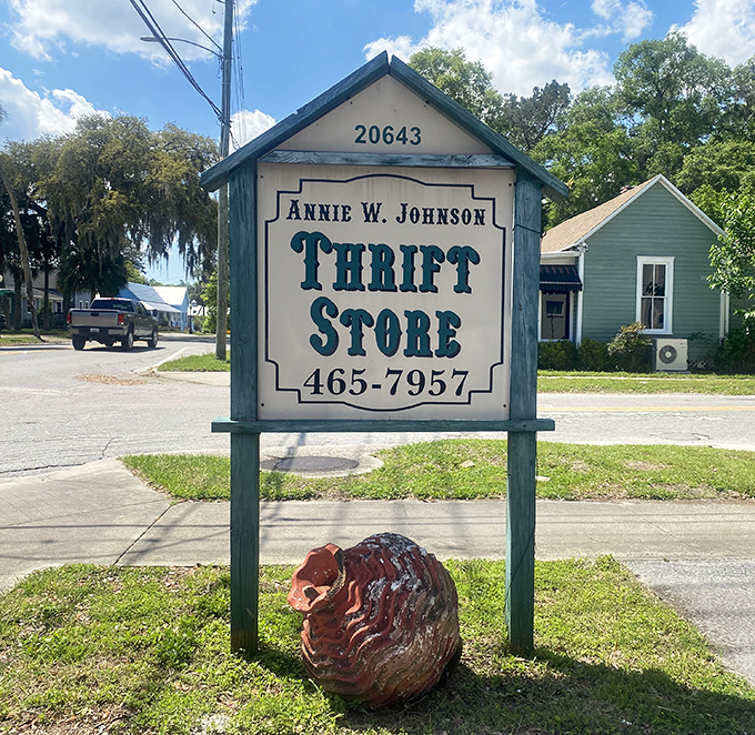 Not every thrift store gets its own sign and decorative armadillo guardian. Annie W. Johnson Thrift Store clearly didn't get that memo.