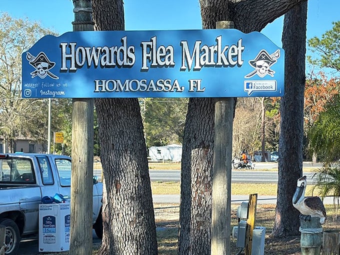 Welcome to Howard's Flea Market, where the sign promises adventure and the skull suggests you might find anything.