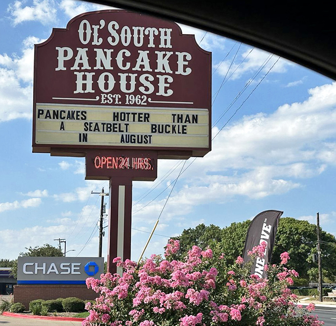 "Pancakes hotter than a seatbelt buckle in August"&mdash;the marquee sign that perfectly captures Texas humor and the promise of what awaits inside.