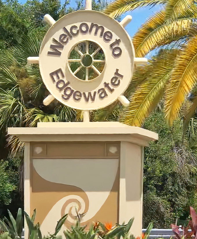 "Welcome to Edgewater" - where ship wheels symbolize smooth sailing through affordable retirement years.