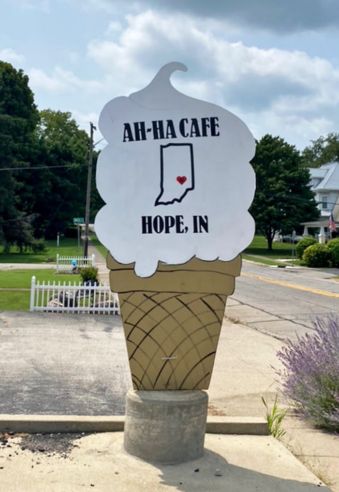 An ice cream cone sign that perfectly captures the essence of small-town charm&mdash;where Hope, Indiana meets sweet expectations.