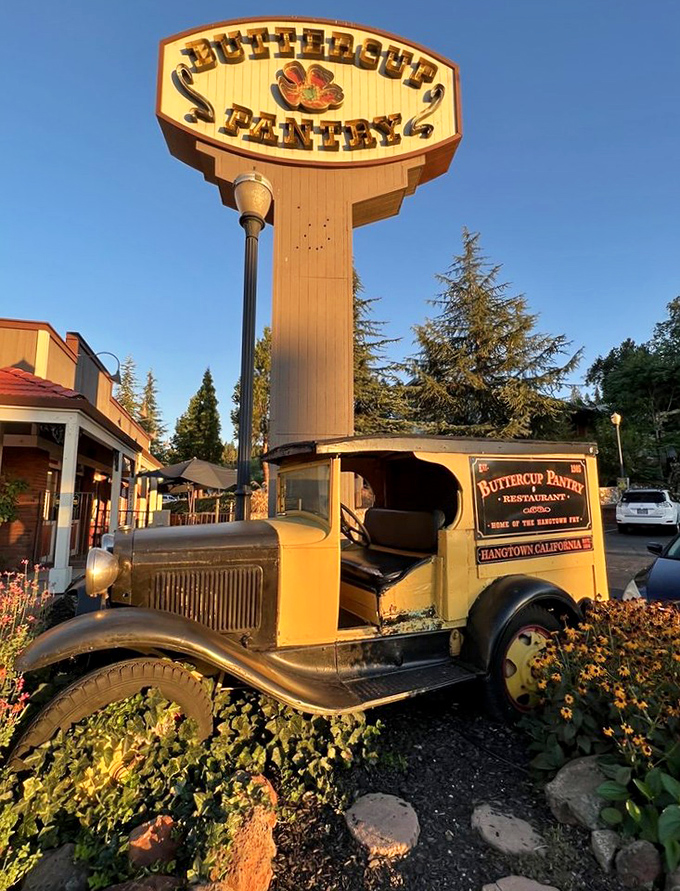 The vintage delivery truck hasn't made deliveries in decades, but it still delivers on charm. Buttercup's sign towers above, a beacon for breakfast pilgrims.