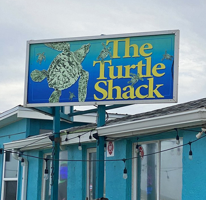 The iconic sea turtle sign, weathered by salt air and sunshine, has guided hungry travelers to this Palm Coast treasure for years—a beacon of seafood satisfaction.