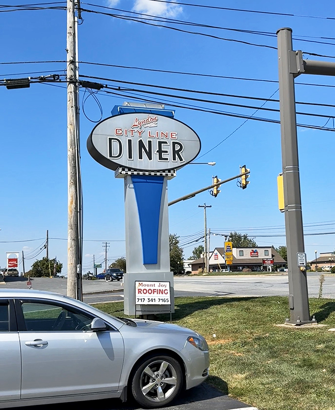 The roadside sign stands tall like a mid-century modern sculpture, announcing to passing cars: "Yes, this is where you should be eating right now."