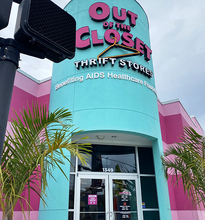 The iconic turquoise tower announces its mission with pride&mdash;thrifting with purpose, where fashion meets compassion in technicolor glory.