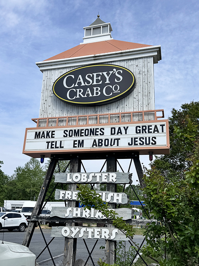 The roadside sign combines seafood and spirituality&mdash;only in Maryland would lobster and Jesus share billboard space in perfect harmony.