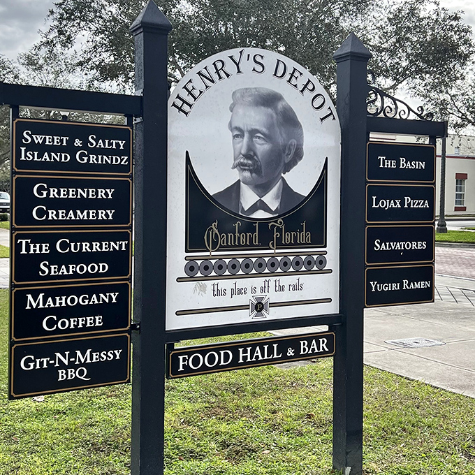 The sign that launched a thousand meals. Henry's distinguished visage promises what every food lover seeks: a place that's truly "off the rails."