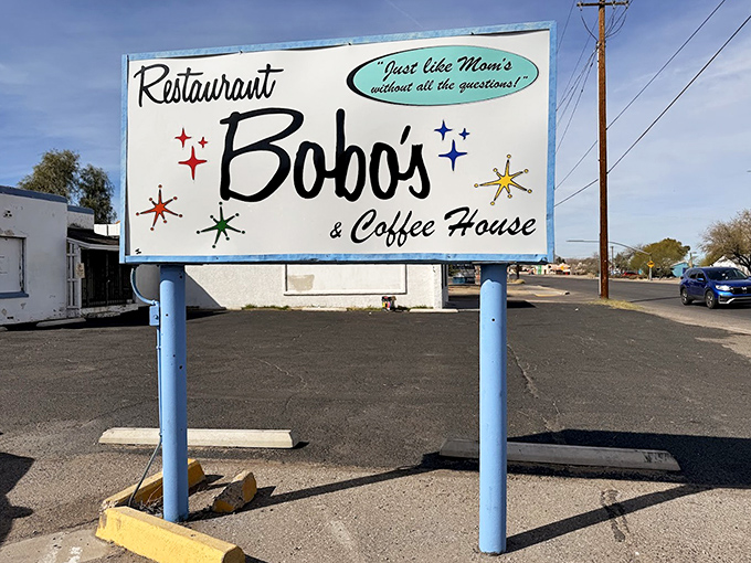 "Just like Mom's without all the questions!" The sign says it all &ndash; comfort food served with a side of humor that's as satisfying as their legendary pancakes.