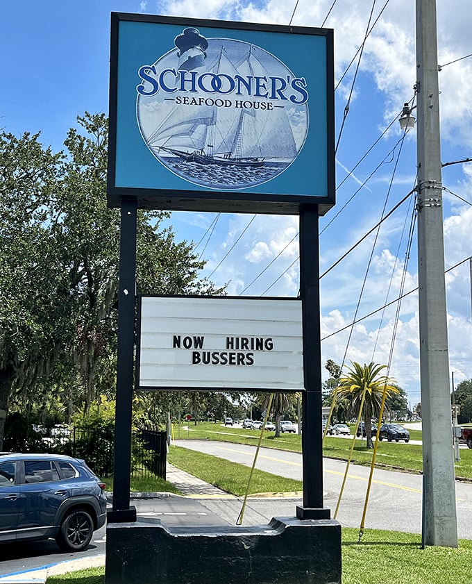 A sign as straightforward as the food they serve. That sailing ship logo promises maritime flavors without any pretentious nautical nonsense.