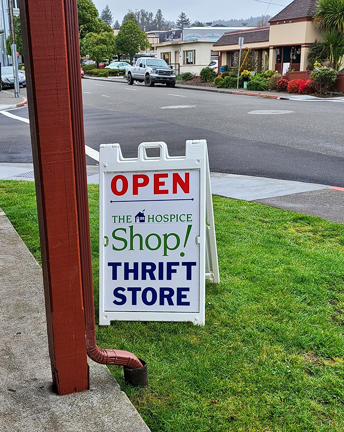 The welcoming sidewalk sign, like a beacon to bargain hunters, promises adventures in thrifting just steps away.
