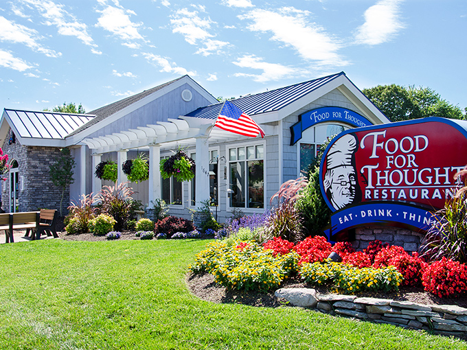 A garden as thoughtfully composed as their menu. The sign promises what the kitchen delivers: sustenance for both body and mind.