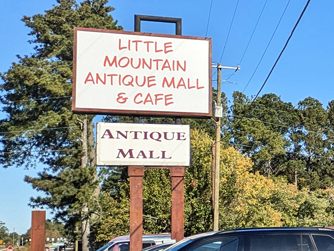 The sign that promises adventure&mdash;Little Mountain Antique Mall & Cafe, where you'll find both sustenance for your body and treasures for your soul.