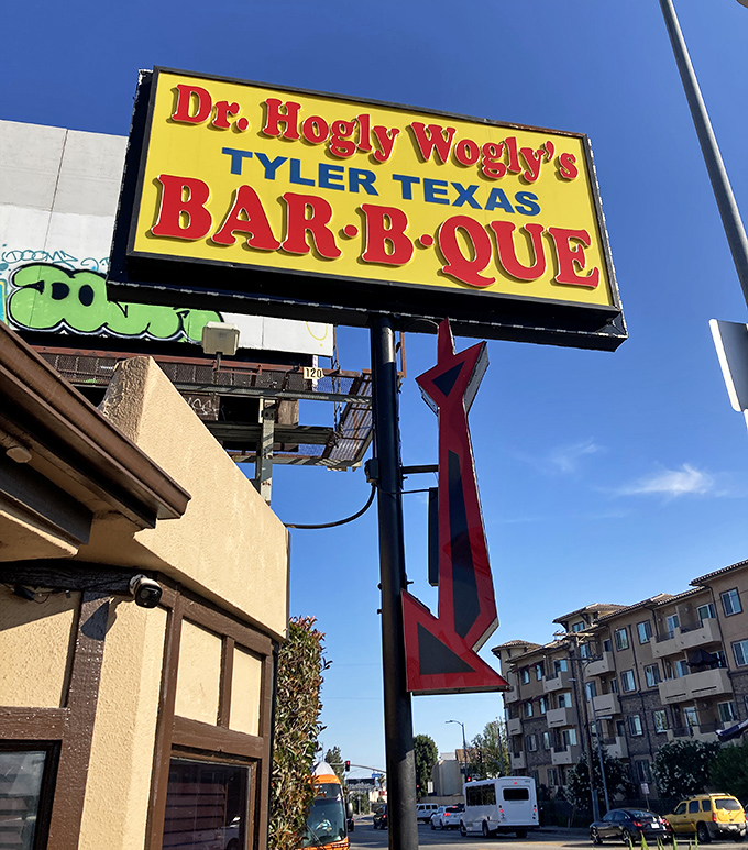 The sign that launched a thousand appetites. Bold colors and bolder promises of authentic Texas BBQ in the heart of the Valley.