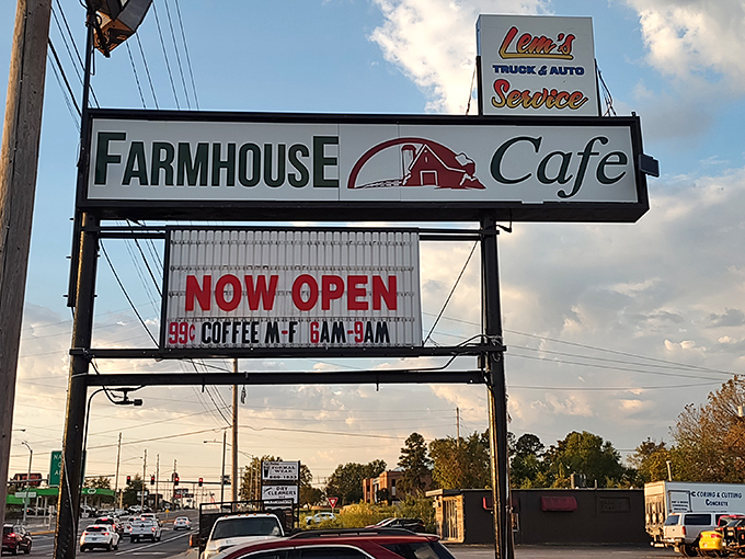 The roadside sign stands tall like a beacon of hope for hungry travelers. That 99&cent; coffee deal is practically stealing in today's five-dollar latte world.