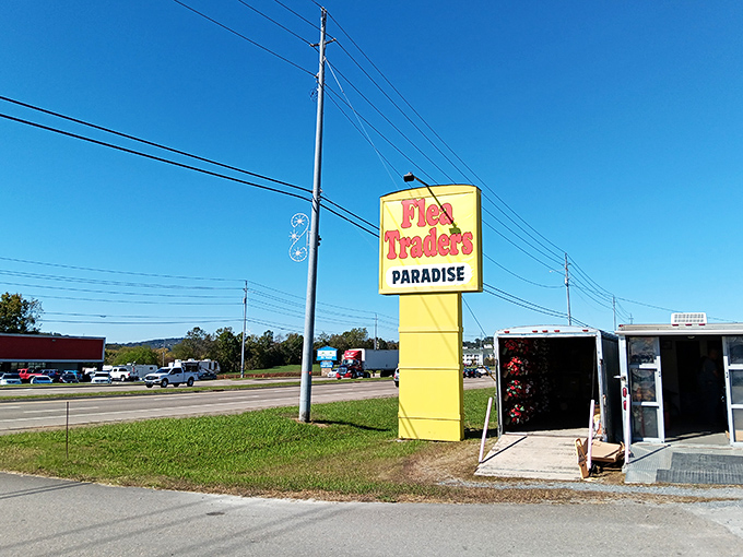 The iconic yellow sign beckons from the roadside – a beacon of hope for collectors, bargain hunters, and the chronically curious.