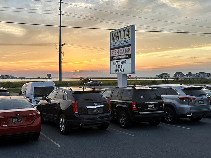 As the sun sets behind Matt's Fish Camp sign, you realize some of life's most perfect moments involve seafood, sunset, and Delaware's coastal magic.